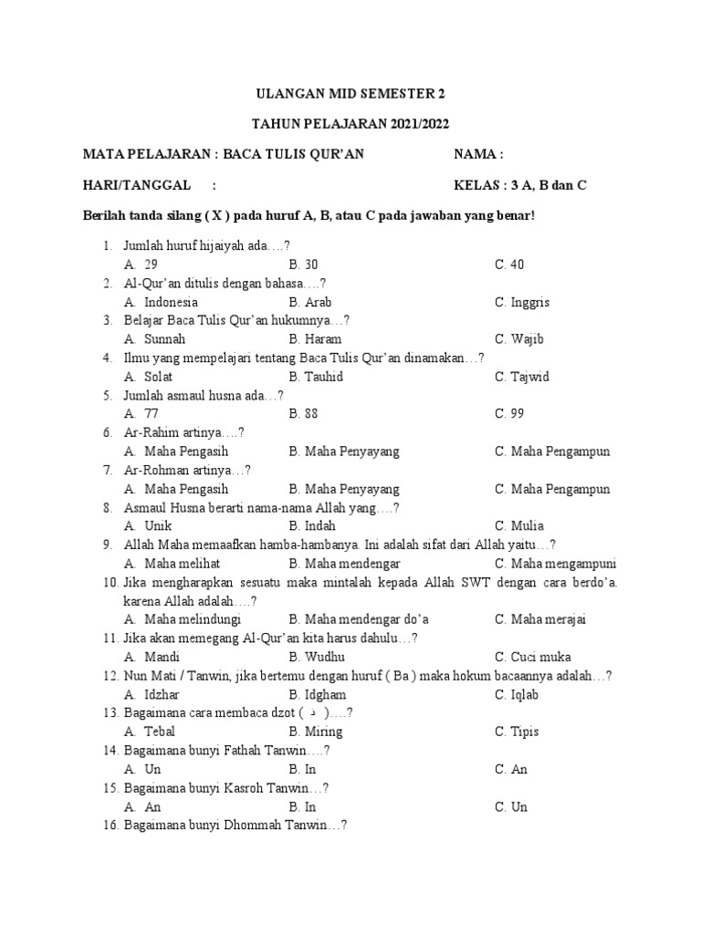 Ulangan Mid Semester 2 Kelas 3 Btq Pdf