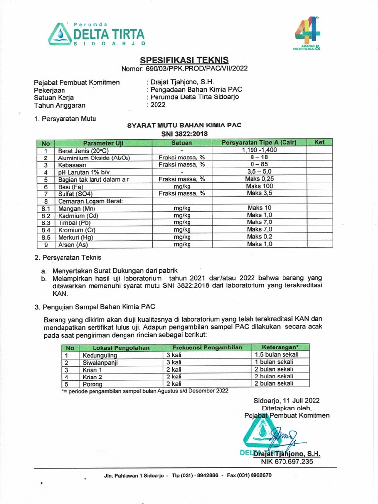 Spesifikasi Teknis Bahan Kimia PAC | PDF