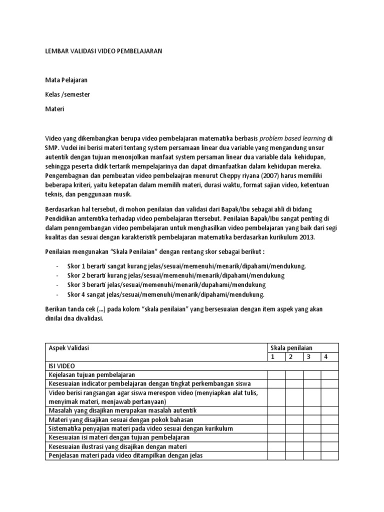Lembar Validasi Video Pembelajaran Pdf