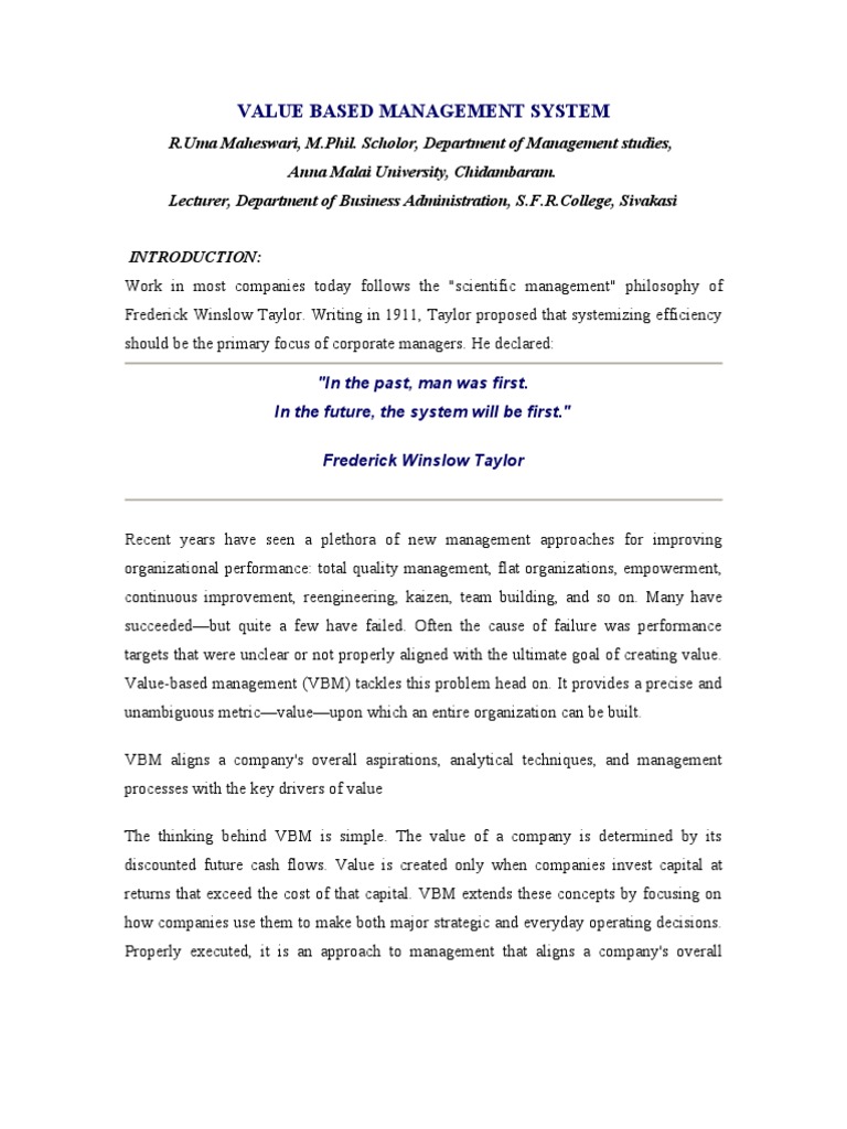 Value Based Management System | PDF | Value (Ethics) | Shareholder Value