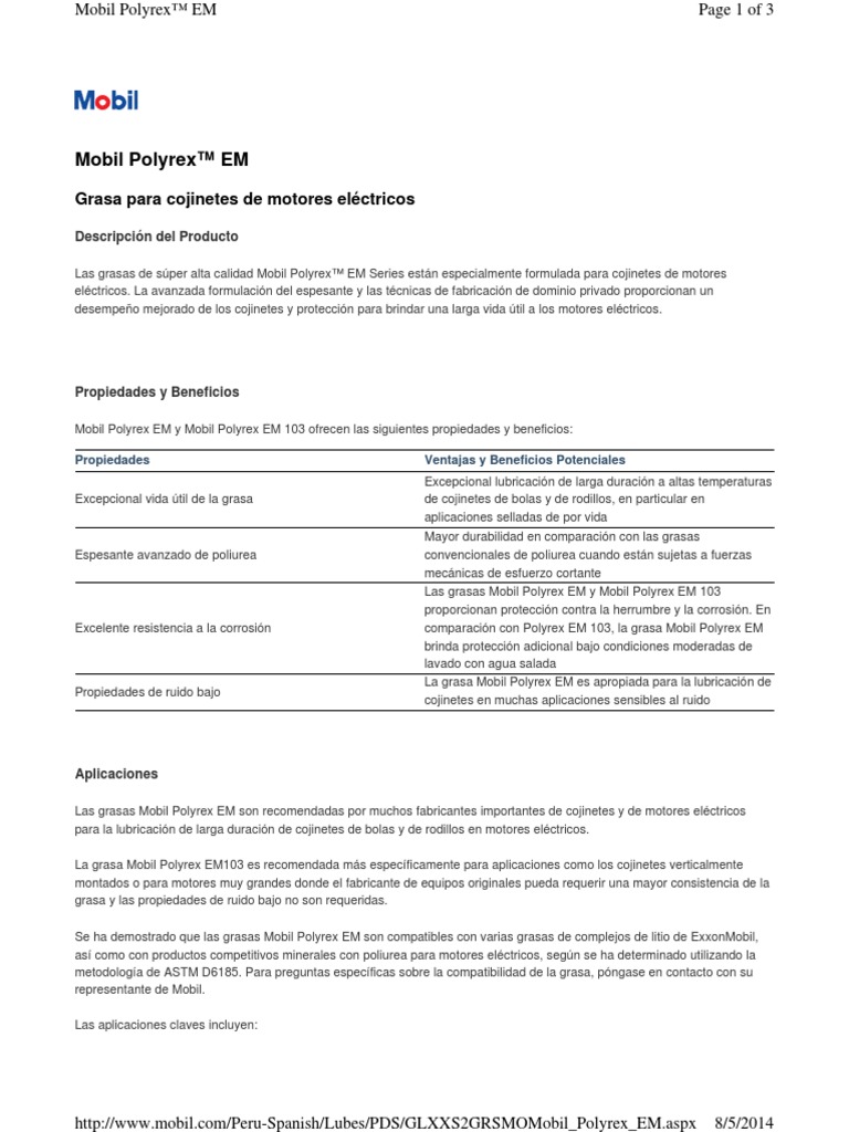 18.3 Mobil Polyrex EM | PDF | Rodamiento (Mecánico) | Lubricante