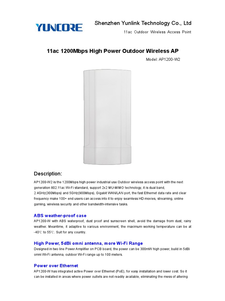 11AC High Power Outdoor Wireless AP (AP1200-Wave2) - Qualcomm | PDF ...