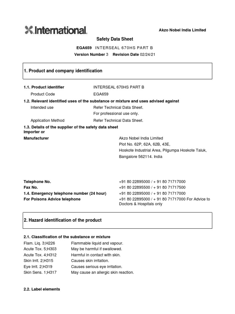 Interseal 670HS Part B Safety Data Sheet | PDF | Toxicity | Solvent