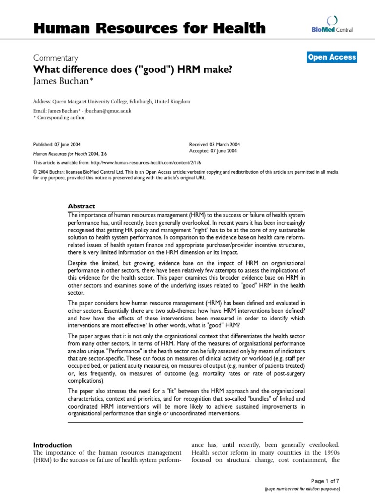 Human Resources For Health: What Difference Does ("Good") HRM Make ...