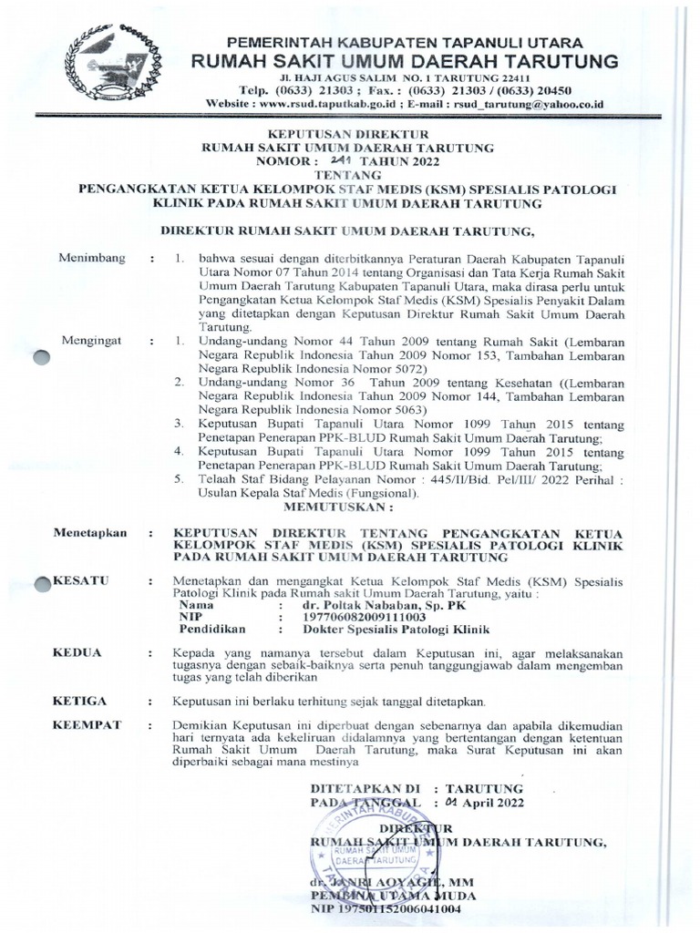 KSM SPESIALIS PATOLOGI KLINIK RSUD TARUTUNG An Dr. Poltak Nababan, Sp ...