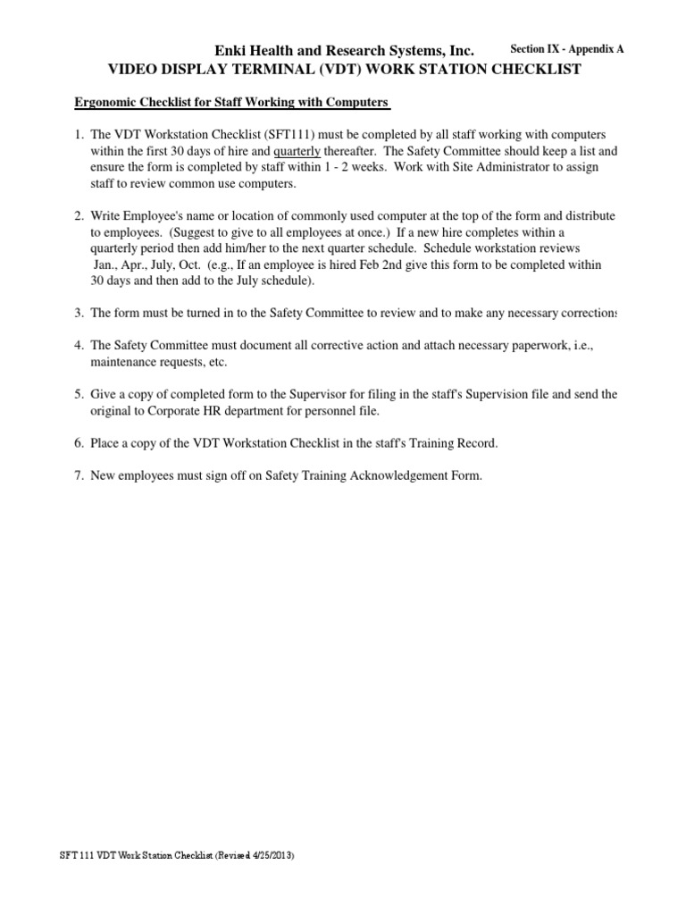 Video Display Terminal (VDT) Work Station Checklist Enki Health and ...