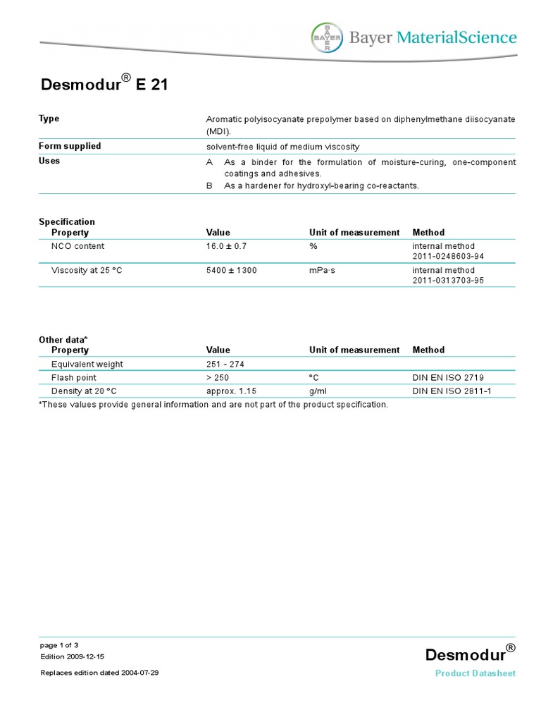 Desmodur E21: Type Form Supplied Uses | PDF | Specification (Technical ...