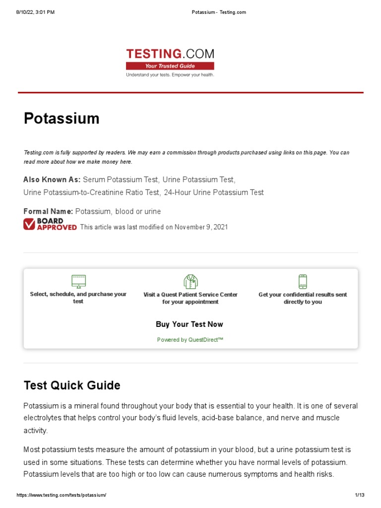 Potassium: Test Quick Guide | PDF | Screening (Medicine) | Kidney