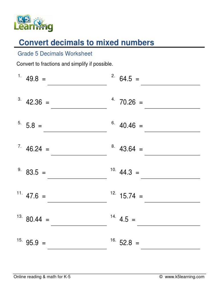 Grade 5 Decimals To Mixed Numbers e | PDF | Mathematical Objects ...