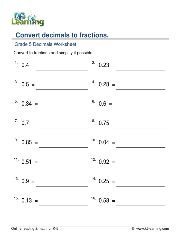 Grade 5 Decimals To Fractions D | PDF