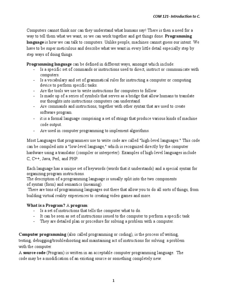 COM 121-Introduction To C | PDF | Data Type | Computer Programming