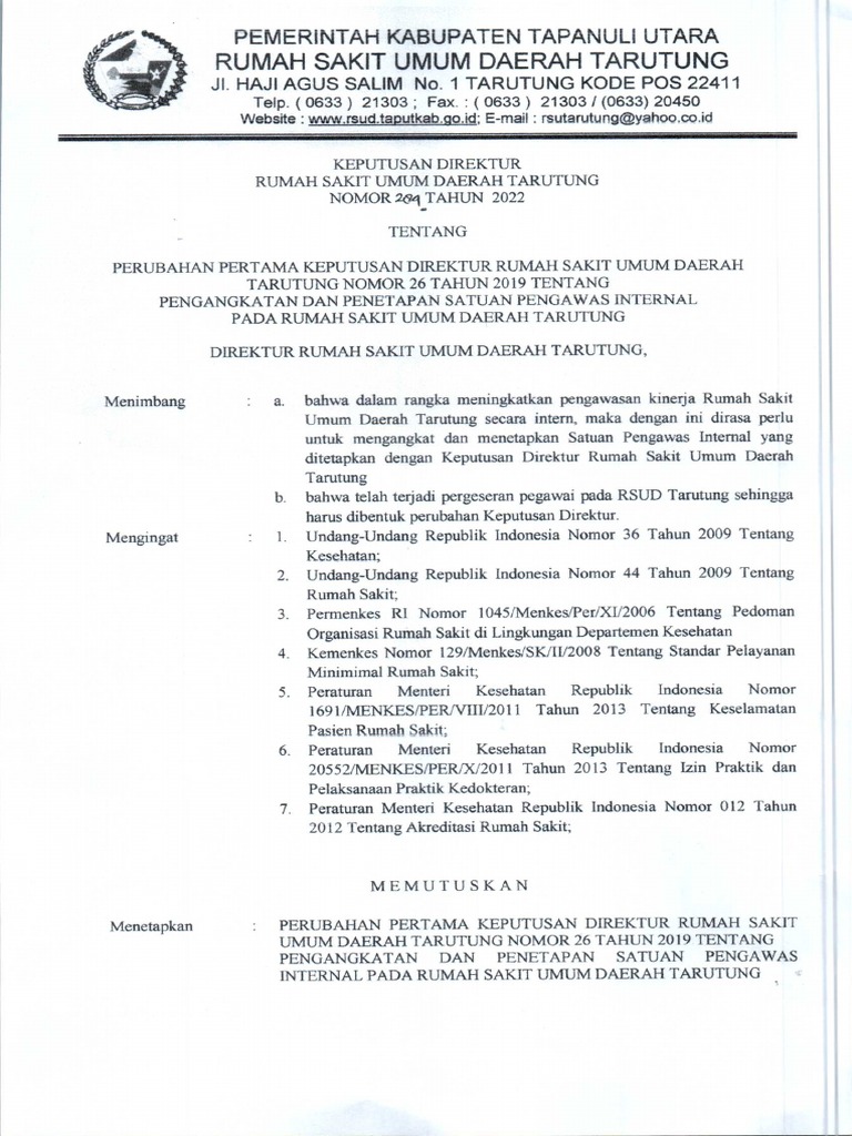 SK Dir No 284 Tahun 2022 Tentang Pengangkatan Dan Penetapan Spi Pada Rsud Tarutung | PDF