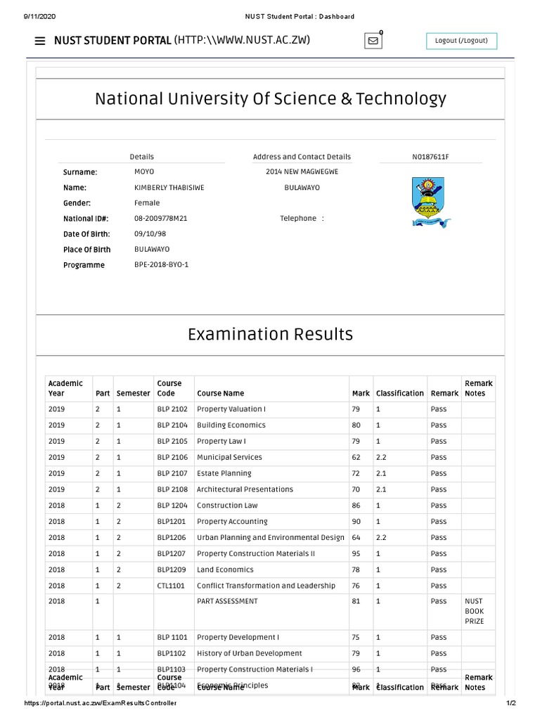 NUST Exam Results-Kimberly Thabisiwe Moyo | PDF | Science