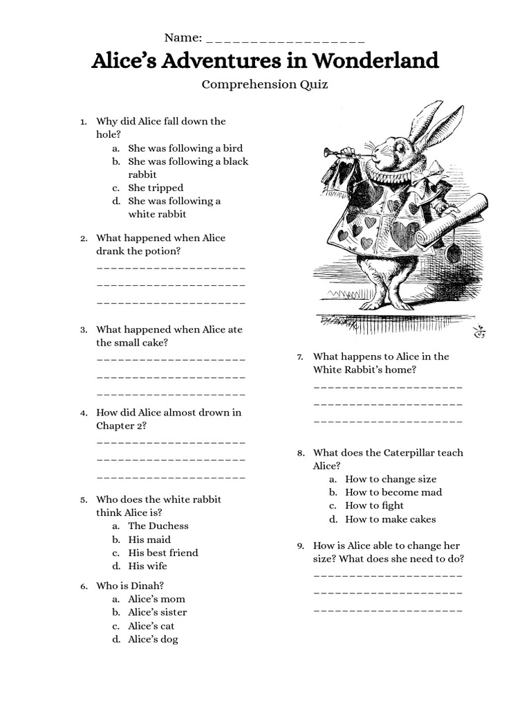Alice's Adventures Comprehension Quiz | PDF