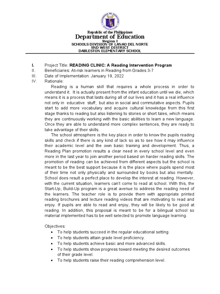 Department of Education: Republic of The Philippines | PDF | Reading ...