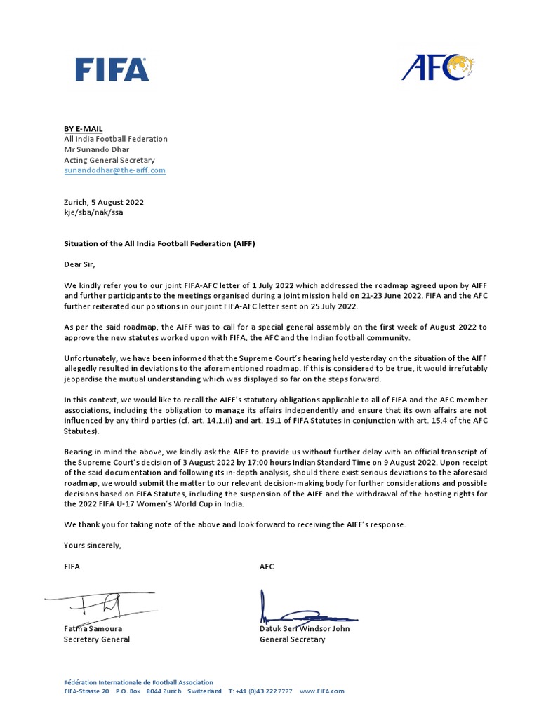 FIFA Letter of August 5 | Download Free PDF | Fifa | Public Law