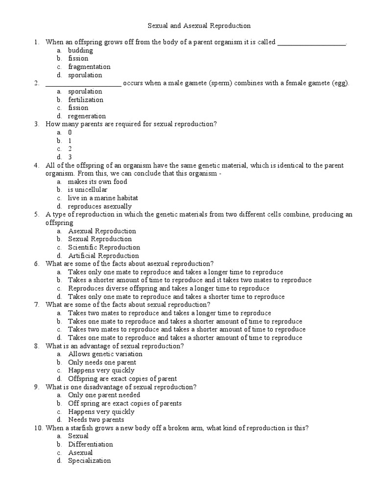 Asexual vs. Sexual Reproduction Quiz | PDF | Reproduction | Sexual ...