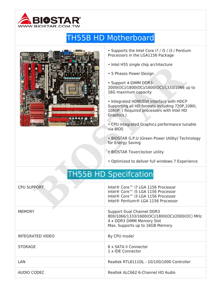 Biostar TH55B HD Spec | PDF | Bios | Computing
