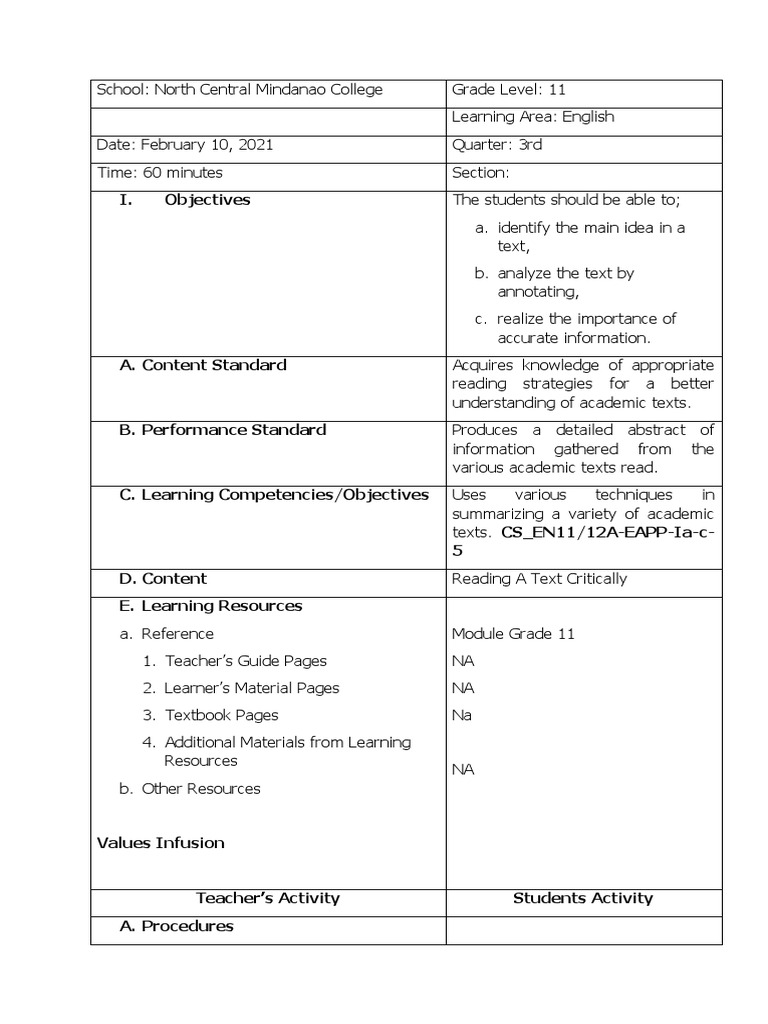 Critical Reading Strategies for Students | PDF | Lesson Plan | Teachers