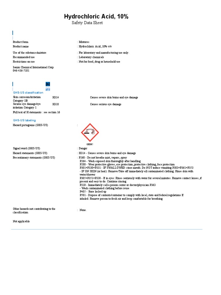 Hydrochloric Acid, 10%: Safety Data Sheet | Download Free PDF ...