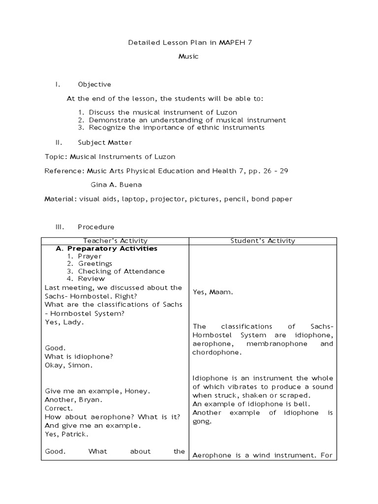 Detailed Lesson Plan in Mapeh 7 | PDF | Musical Instruments | String ...