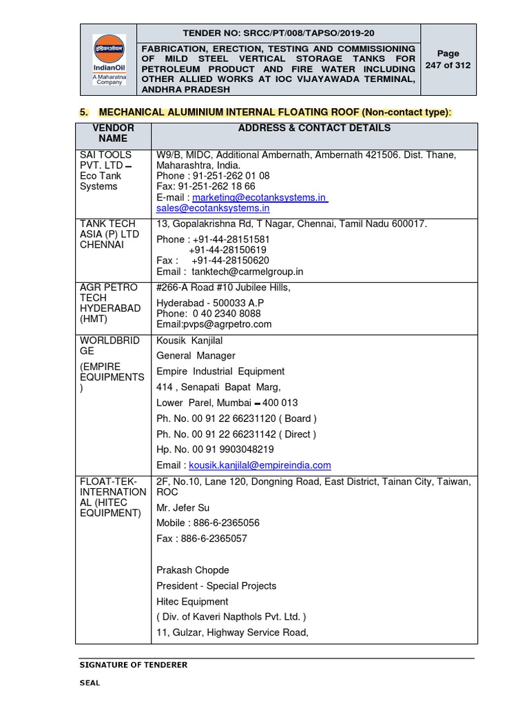 Approved Supplier of IFR For IOCL Vijayawada Tender. | PDF | Equipment ...