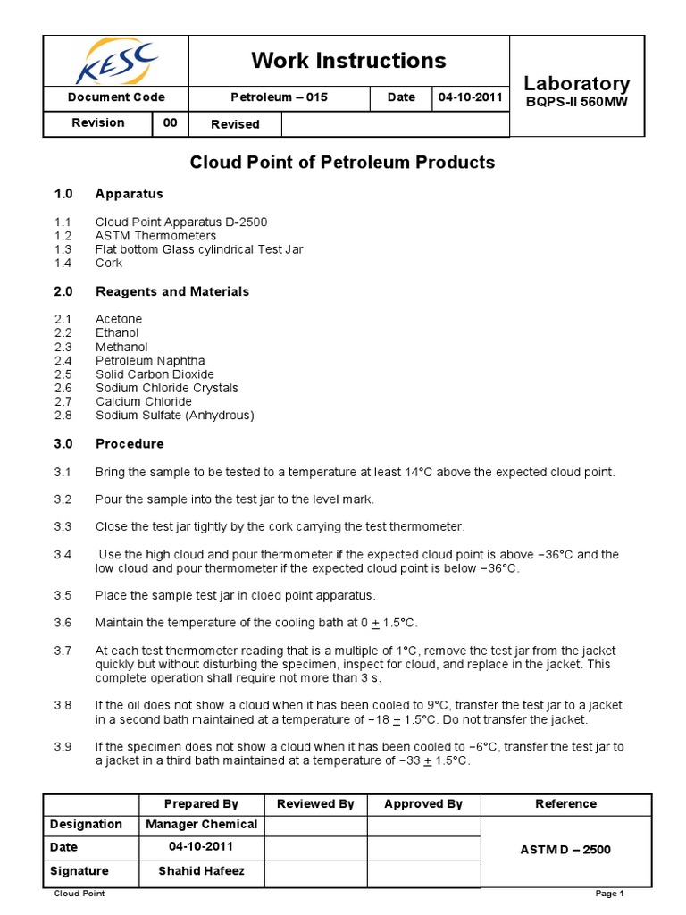 Cloud Point ASTM-D2500 | PDF | Chemistry | Physical Chemistry