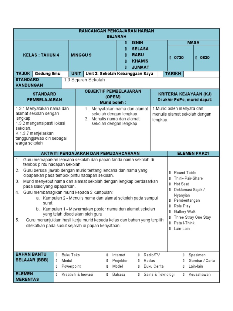 RPH Sejarah Minggu 9 | PDF