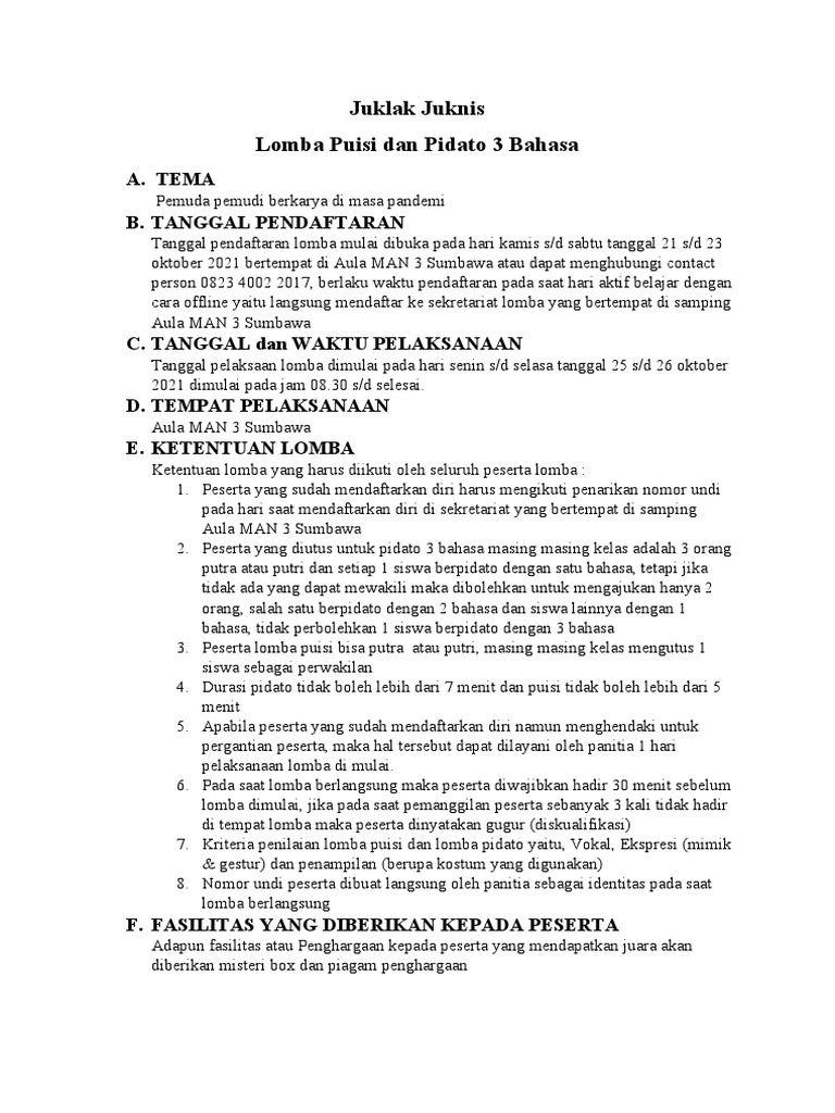 Juklak Juknis Lomba Puisi Dan Pidato 3 Bahasa: A. Tema B. Tanggal Pendaftaran | PDF