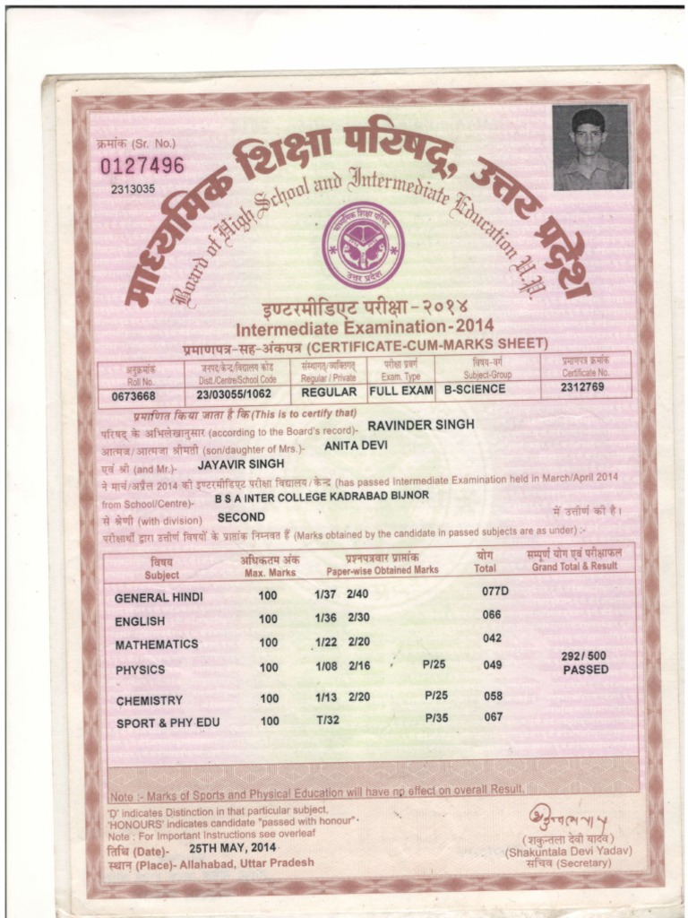 UP Board Intermediate Marksheet 2014 | PDF