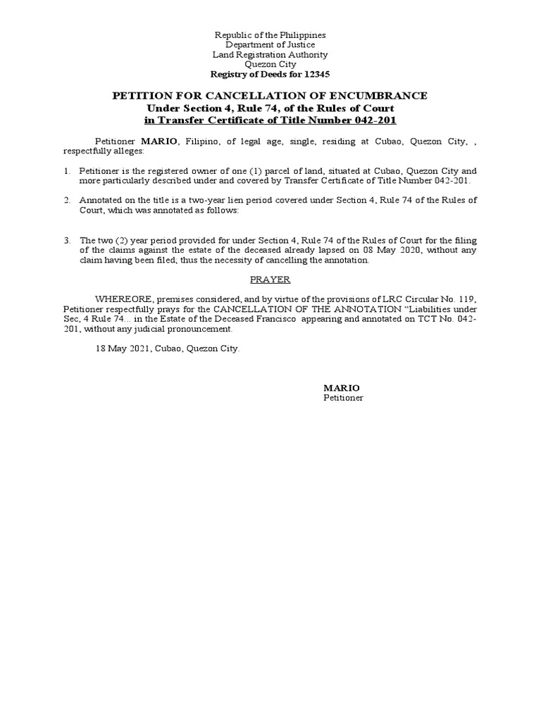 Cancellation of Sec 4 Rule 74 Encumbrance (Template) | PDF | Law