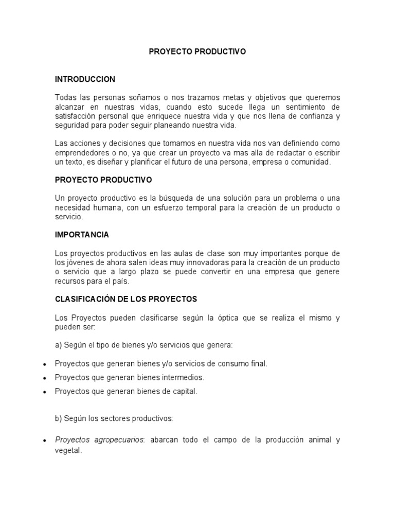 Proyecto Productivo Definicion y Caracteristicas | PDF | Bienes ...
