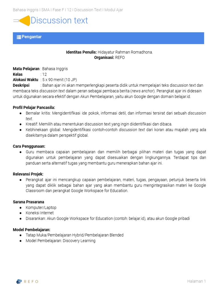 Cb039037-Ffe4-Bahasa Inggris - Bahan Ajar - 12 - Discussion Text | PDF
