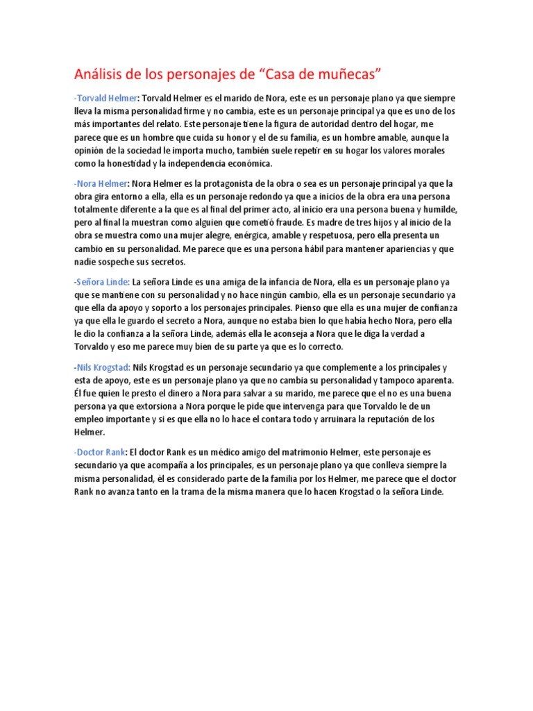 Análisis de personajes en "Casa de muñecas" | PDF | Novela negra ...