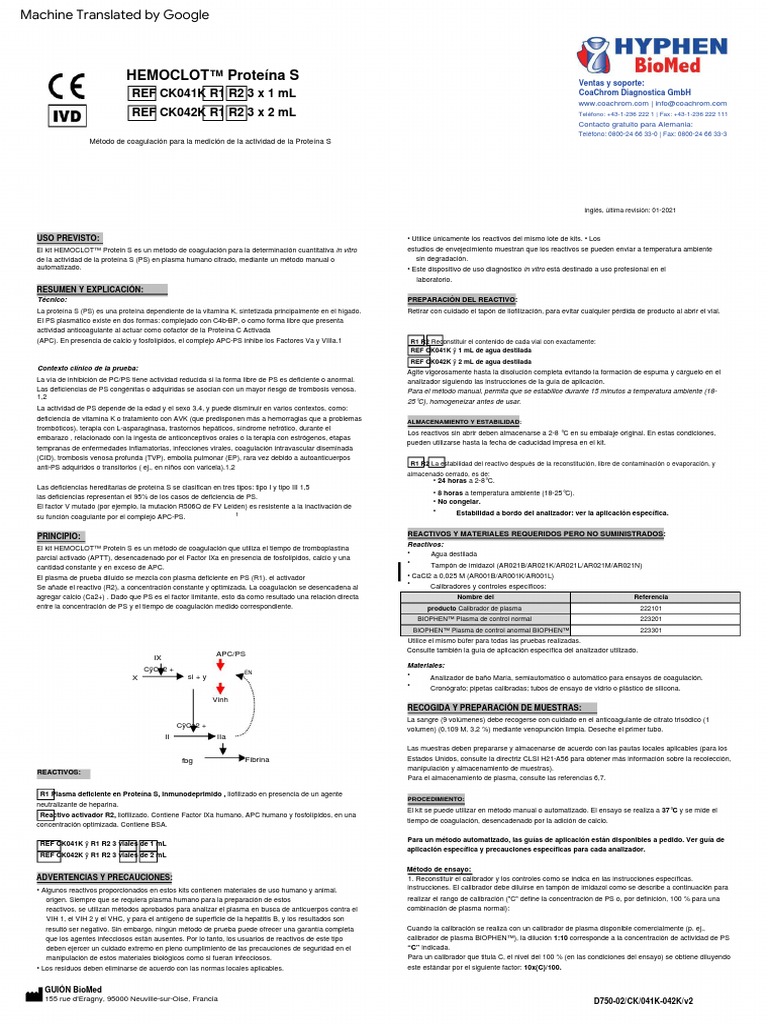 HEMOCLOT™ Protein S Ingles | PDF | Coagulación | Proteínas