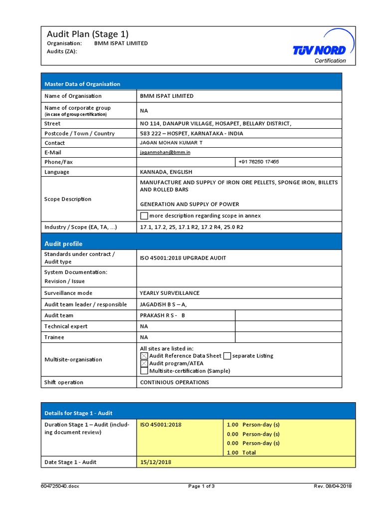 ISO 45001 Stage 1 Audit Plan | PDF | Risk | Audit
