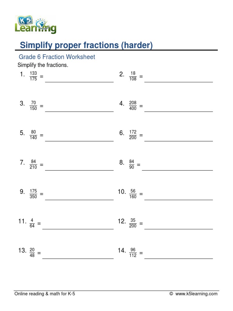 Simplify Proper Fractions (Harder) : Grade 6 Fraction Worksheet | PDF