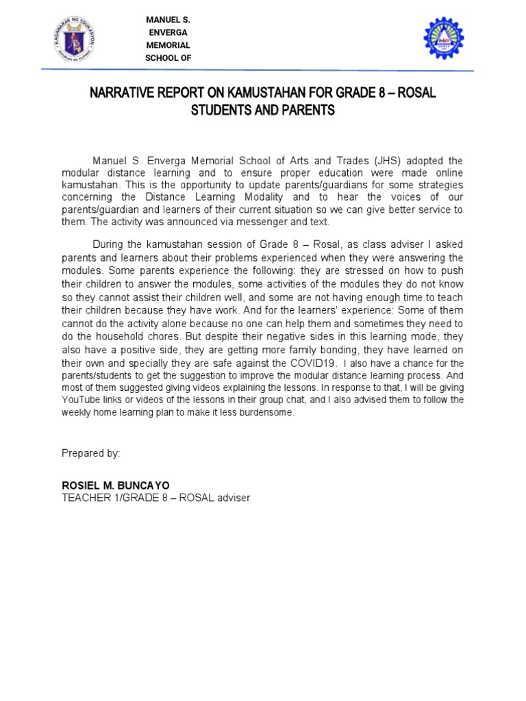 Narrative Report On Kamustahan For Grade 8 | PDF | Learning | Distance ...