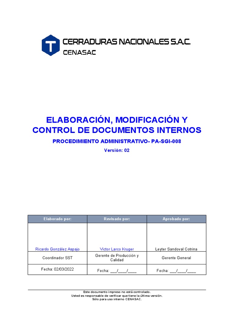 Pa-Sgi-008 Elaboración, Modificación y Control de Documentos Internos | PDF | Información ...