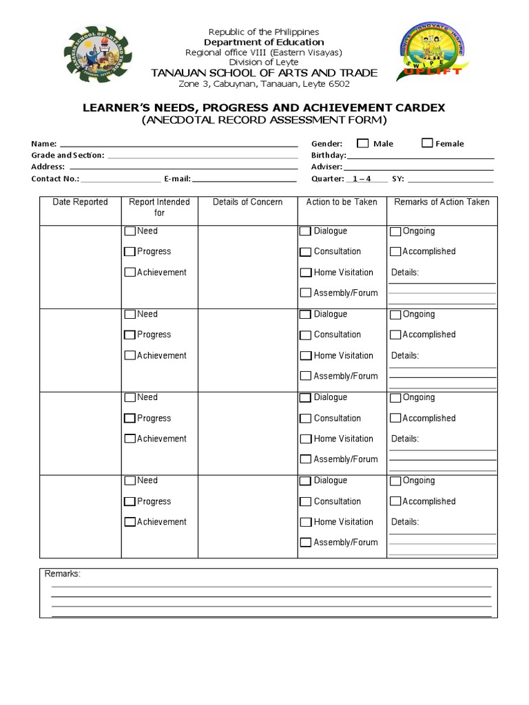 Learner'S Needs, Progress and Achievement Cardex: Tanauan School of Arts and Trade | PDF