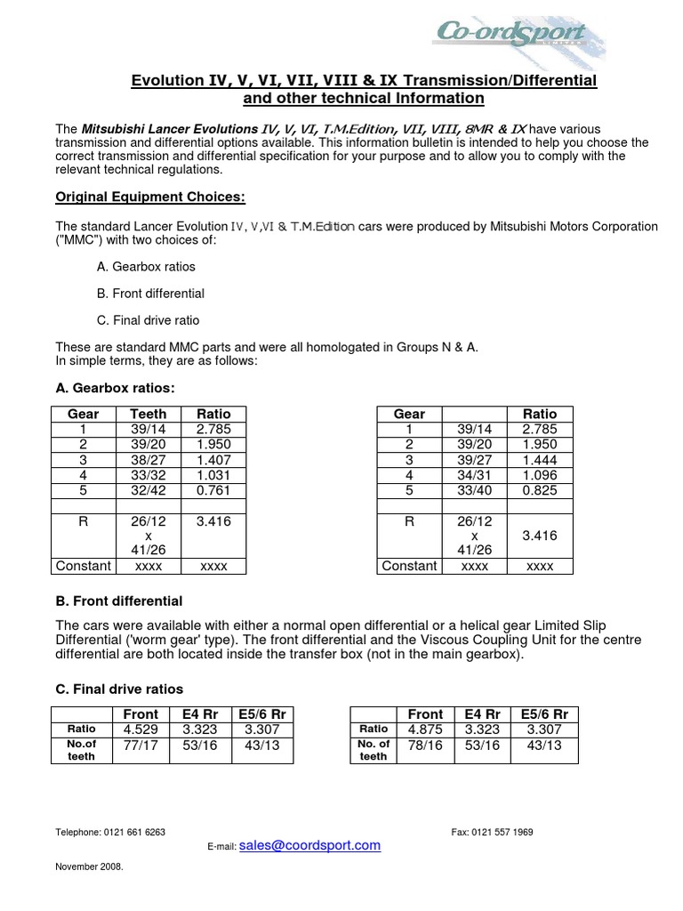 Evolution IV, V, VI, VII, VIII & IX Transmission/Differential and Other ...