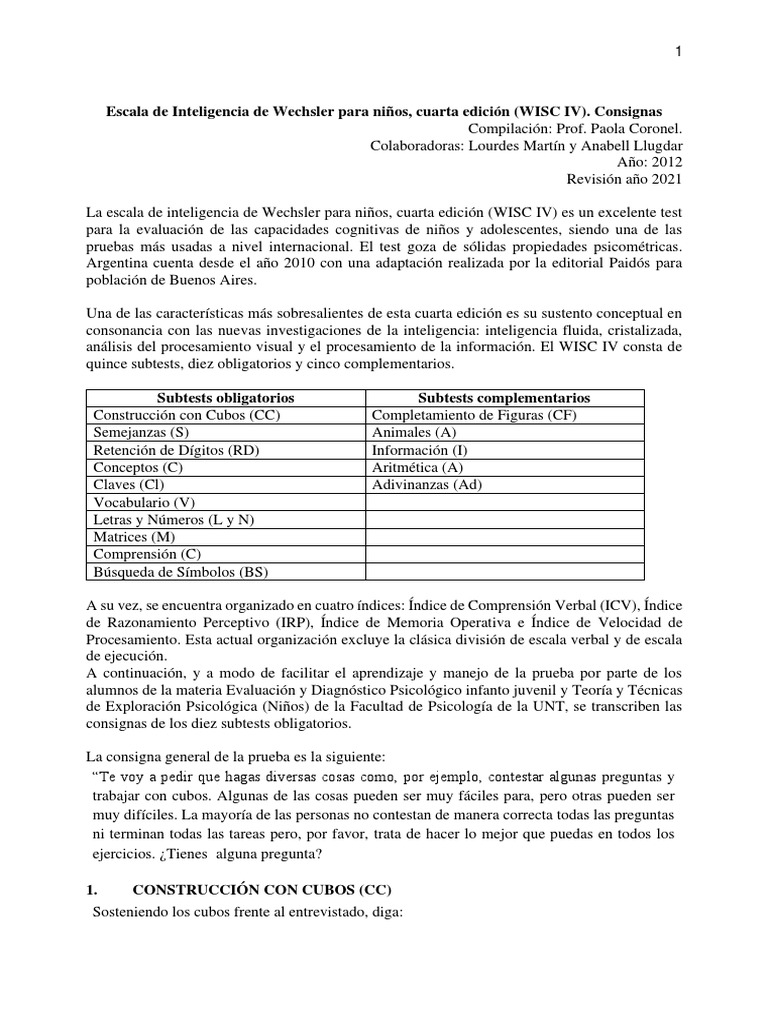 Consignas WISC IV REVISADO | PDF | Inteligencia | Ciencia cognitiva