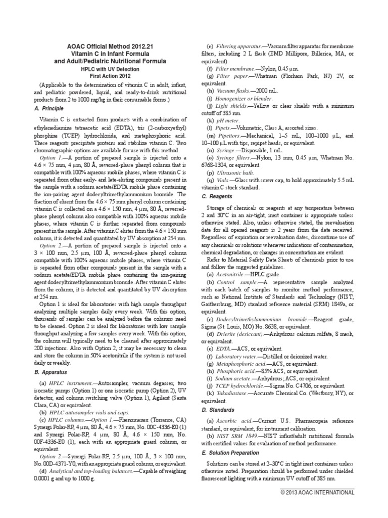 AOAC Official Method 2012.21 Vitamin C | PDF | High Performance Liquid Chromatography ...
