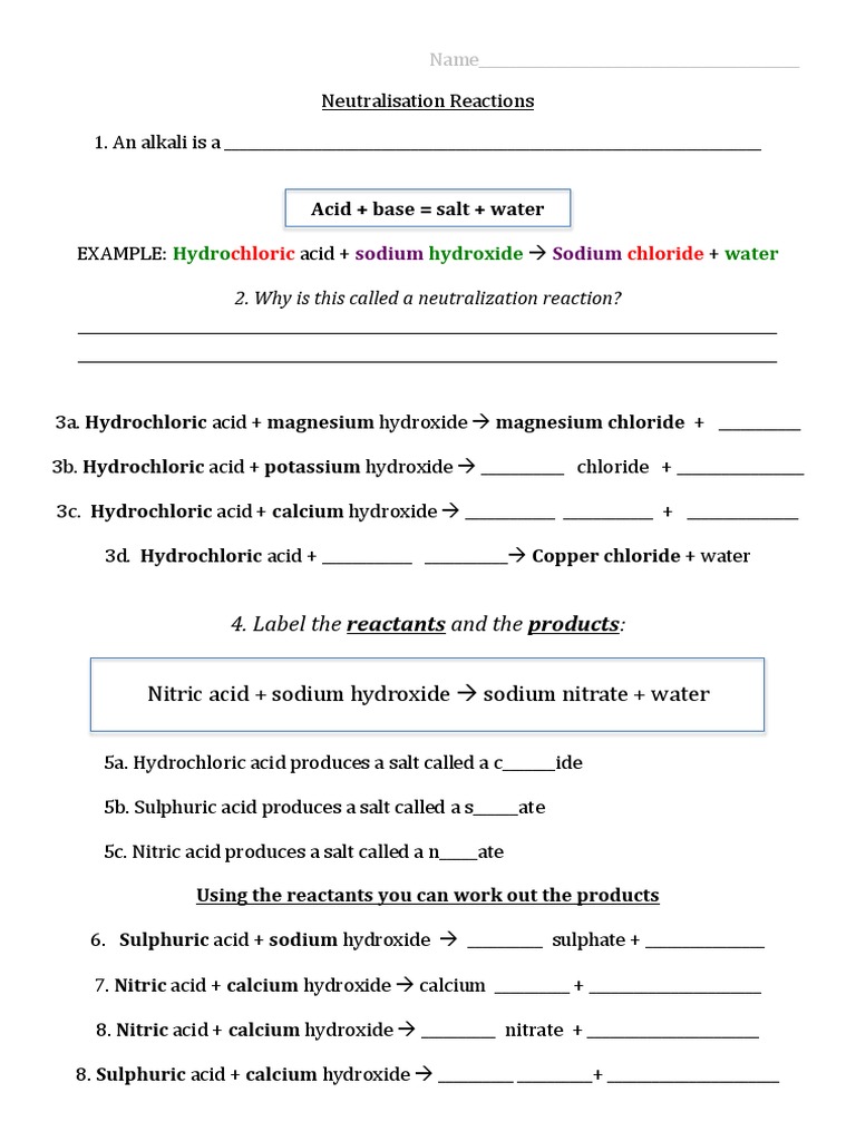Neutralisation Acids and Bases Worksheet | PDF