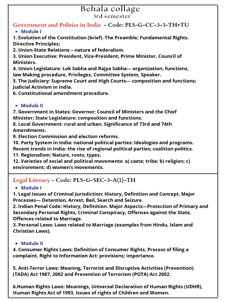 3rd Semester Political Science Syllabus | PDF | Politics