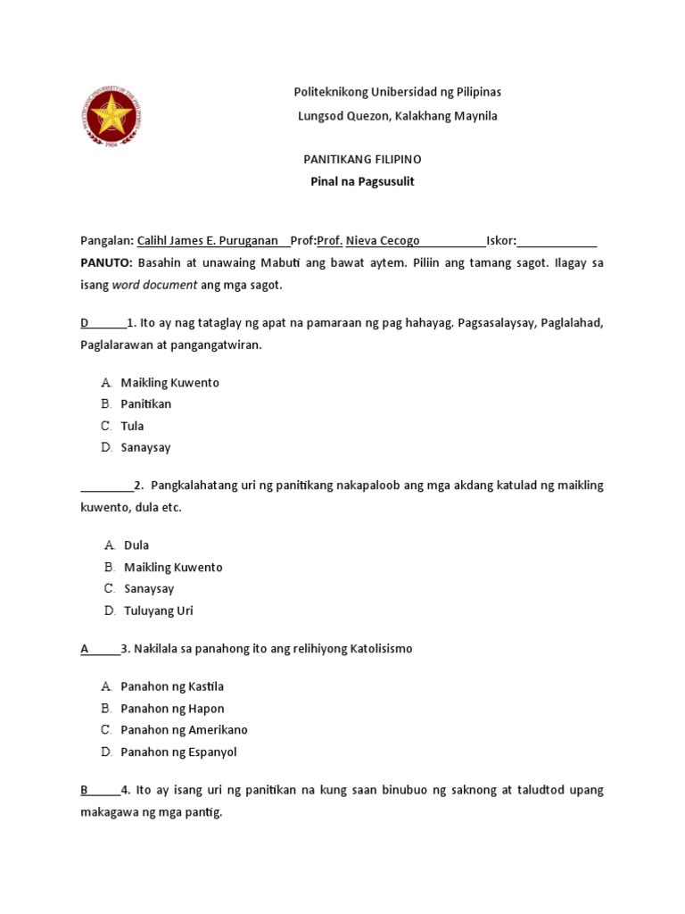 Pinal Na Pagsusulit | PDF