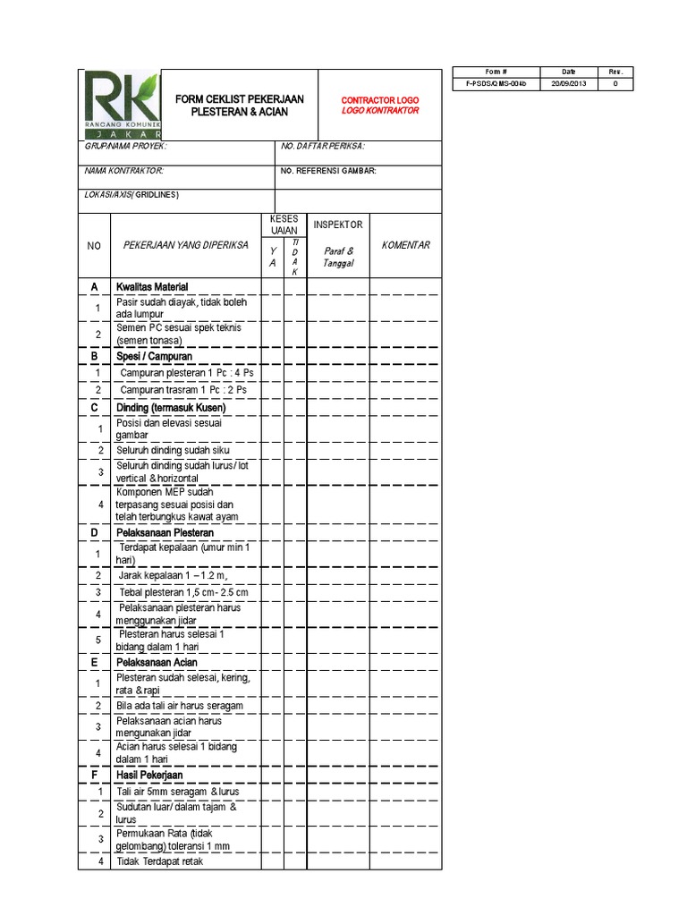 Form Ceklist Pekerjaan Plesteran | PDF