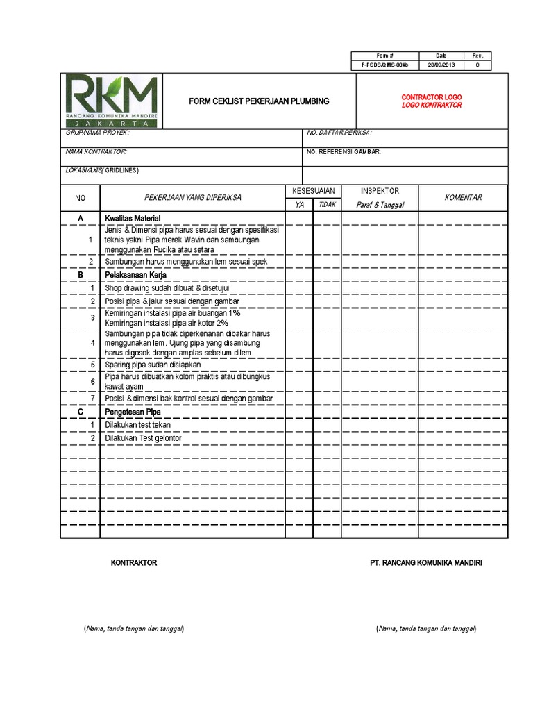 Form Ceklist Pekerjaan Plumbing | PDF