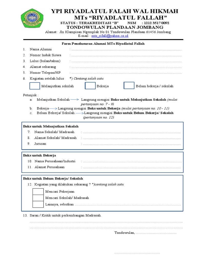 Formulir Penelusuran Alumni MTs Riyadlatul Fallah | PDF | Karier ...