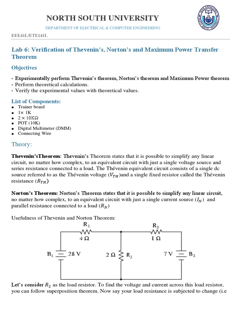 North South University: Lab 6: Verification of Thevenin's, Norton's and Maximum Power Transfer ...
